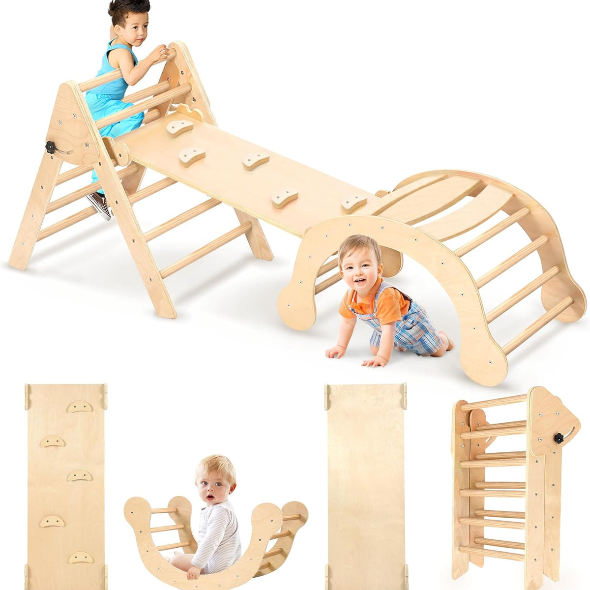 YOLEO Pikler Triangle Set, Foldable 7-in-1 Montessori Climbing Set Fu ...